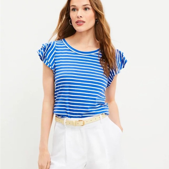 LOFT | Tops | Loft Stripped Tiered Ruffle Sleeve Tee | Poshmark
